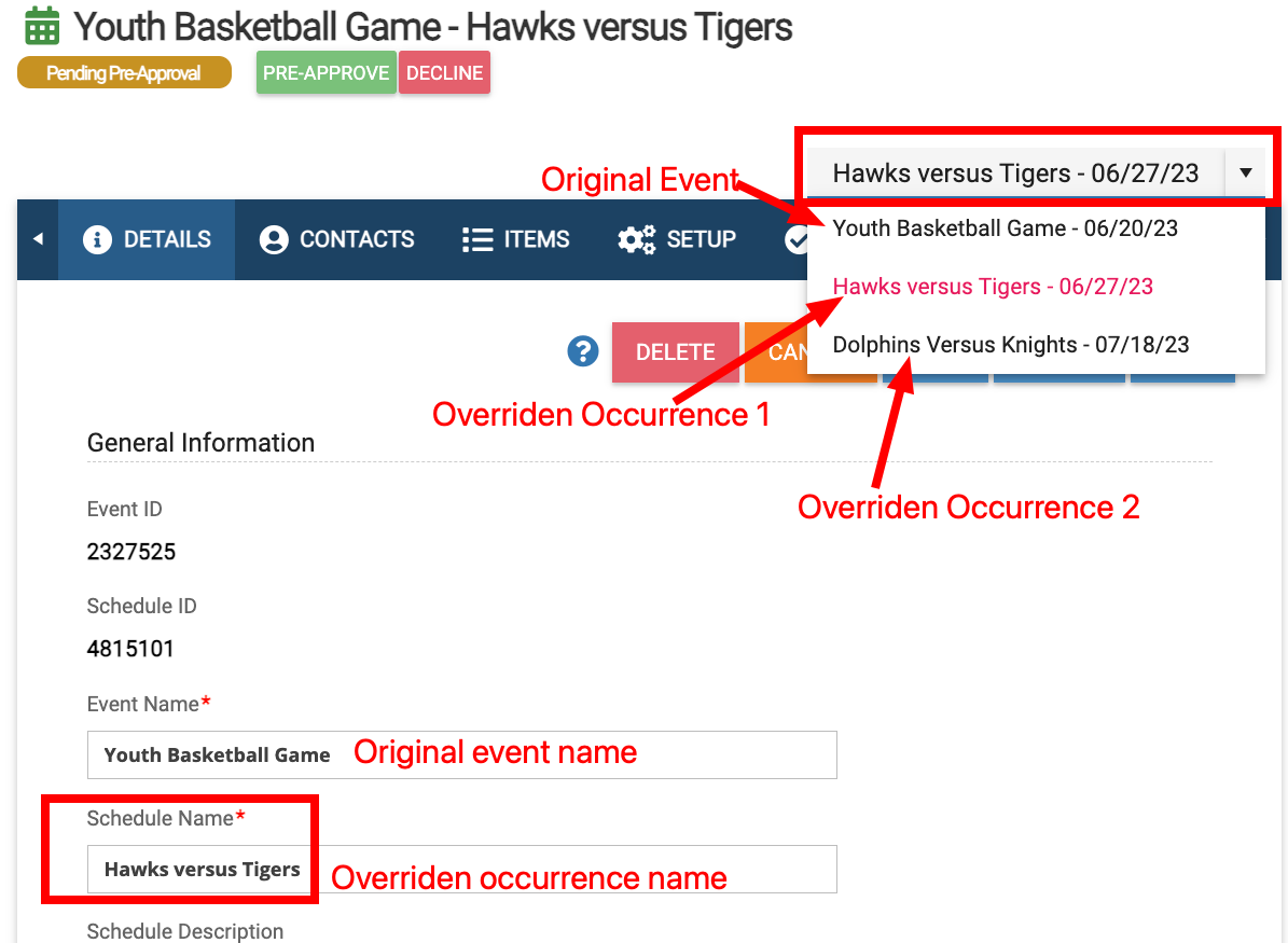 Event Customize One Occurrences Name Setup Tab Items Tab Or Details Tab Espace Support Center